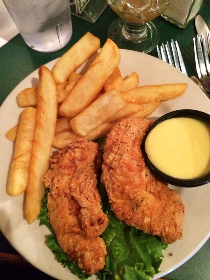 Golden-fried chicken tenders and fries&mdash;because sometimes even seafood lovers need a delicious detour into comfort food territory.