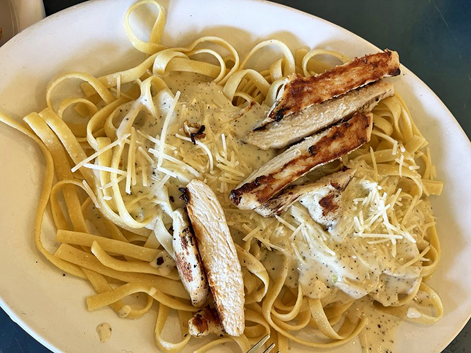 Fettuccine with grilled chicken &ndash; proof that seafood restaurants know their way around the chicken coop too.