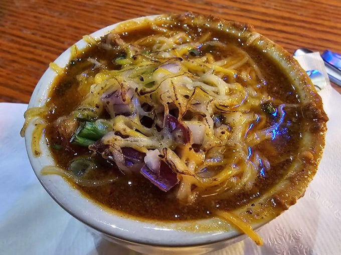 Homemade chili that's thick enough to stand a spoon in&mdash;the melted cheese cap is just the crowning glory.