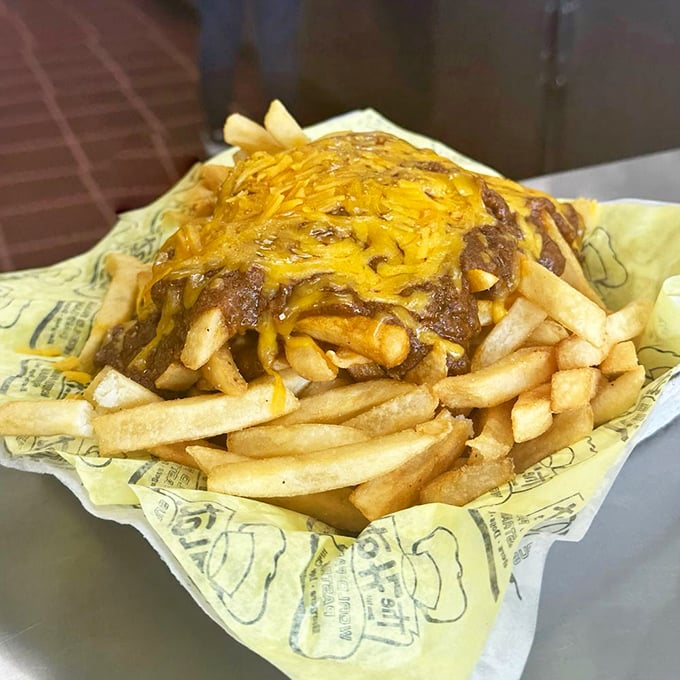 Chili cheese fries that require both fork and commitment. The cheese melts with such enthusiasm it's practically auditioning for a romance novel cover.