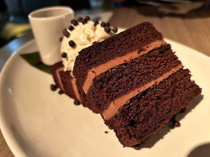 A chocolate cake so rich it probably has its own investment portfolio, served with a scoop of vanilla ice cream for balance.
