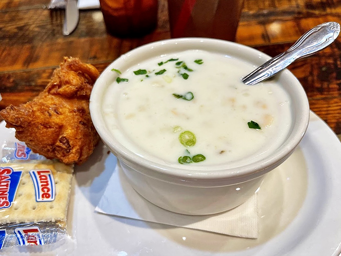 Clam chowder so creamy it should come with its own warning label. That sprinkle of green onions isn't just garnish&mdash;it's the perfect finishing touch.