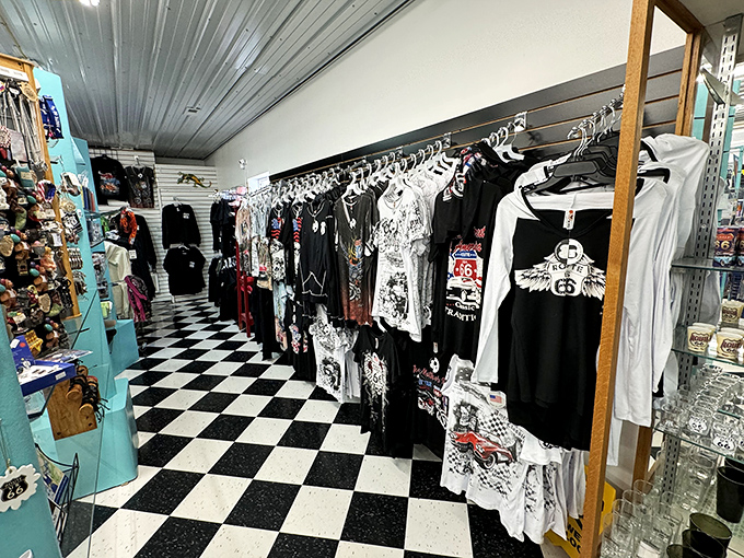 The black and white checkered floor leads you through a fashion time warp. Those Route 66 t-shirts are practically mandatory souvenirs.