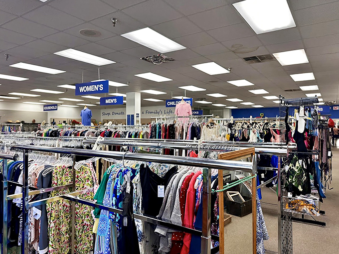 The clothing department stretches toward the horizon like a textile ocean. Clear signage prevents shoppers from getting lost at sea.