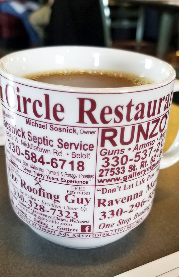 The coffee mug tells you everything &ndash; in small-town Ohio, your coffee comes with local business ads and refills come with local gossip.