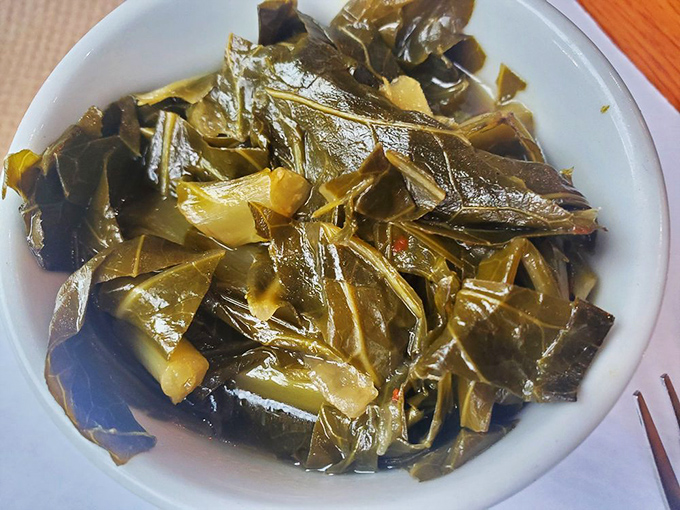 These collard greens have clearly been simmering since yesterday, collecting wisdom and flavor with each passing hour.