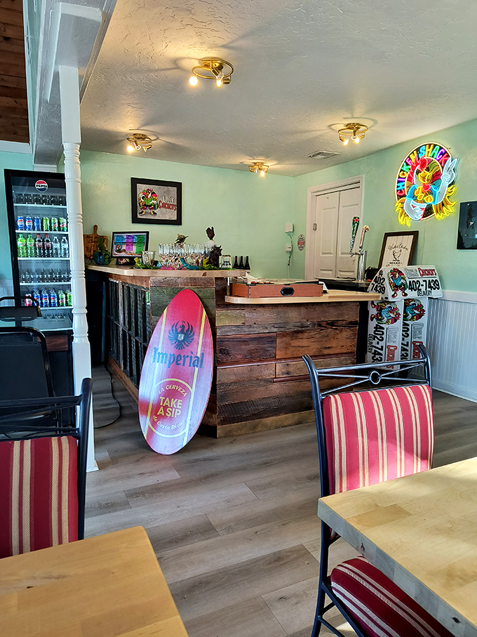 The rustic wooden counter and surfboard décor remind you that great food and beach vibes are always a perfect pairing.