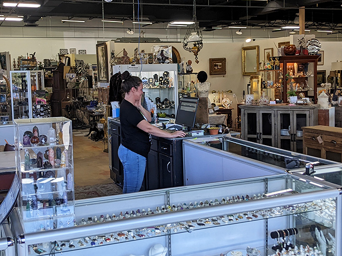 Where treasures find new homes. The glass cases protect everything from vintage jewelry to collectibles that would make your childhood self squeal with delight.