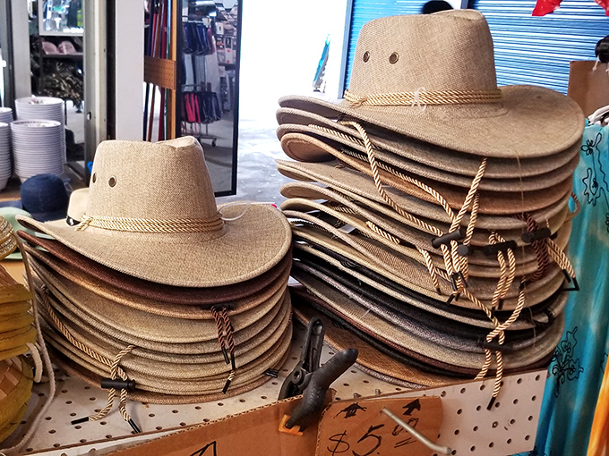 Cowboy hat central&mdash;where $5 transforms city slickers into ranch hands, at least in their imagination.