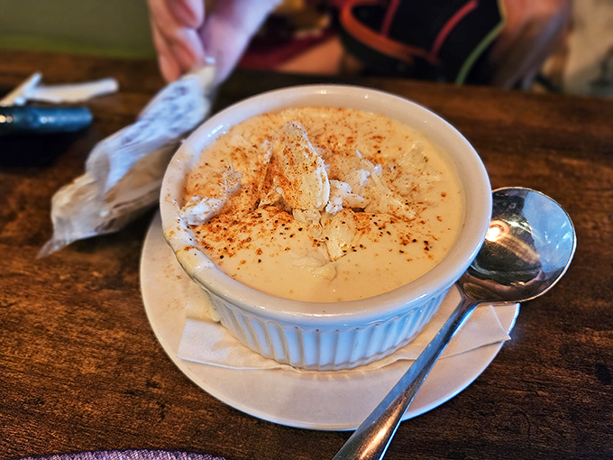 A bowl of crab soup that could warm the coldest sailor's heart. That sprinkle of spice on top isn't decoration&mdash;it's a promise of flavor.
