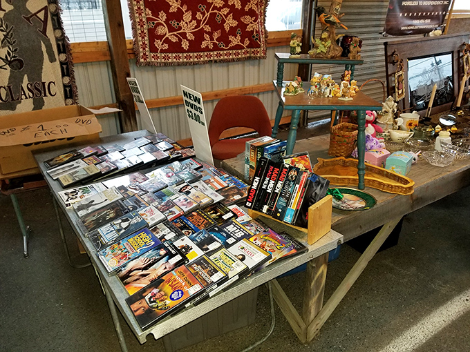 The DVD table &ndash; a time machine to when "Netflix and chill" meant a trip to Blockbuster and microwave popcorn, now available for pocket change.