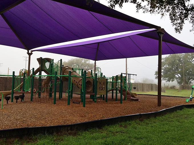 Shaded playgrounds and open spaces prove recreation doesn't require expensive admission fees here.