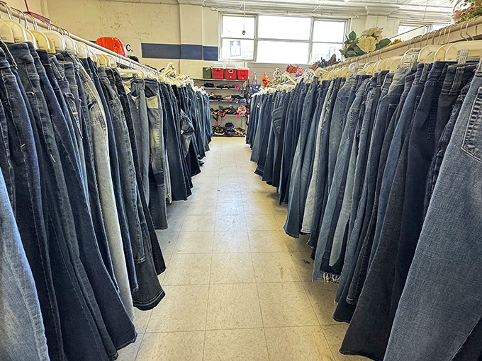 The denim corridor&mdash;a blue jean cathedral where pants of every wash and vintage stand at attention, ready for their second act.