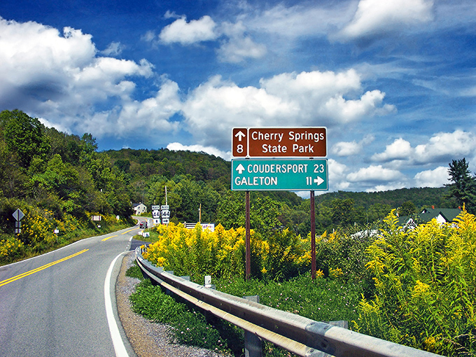 Roadside directions that promise adventure in every direction. Cherry Springs' star-filled skies are just 8 miles from this very spot.