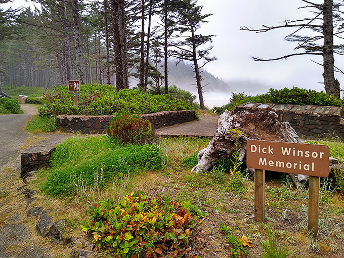 A quiet moment of remembrance. The Dick Winsor Memorial offers a contemplative spot amid nature's grandeur.