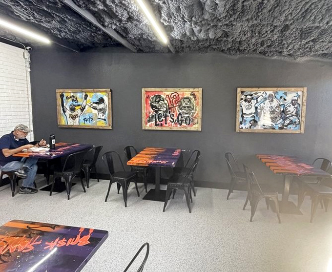 Art on the walls, art on the tables. The dining room feels like eating in a gallery where the most impressive masterpiece is what's on your plate.