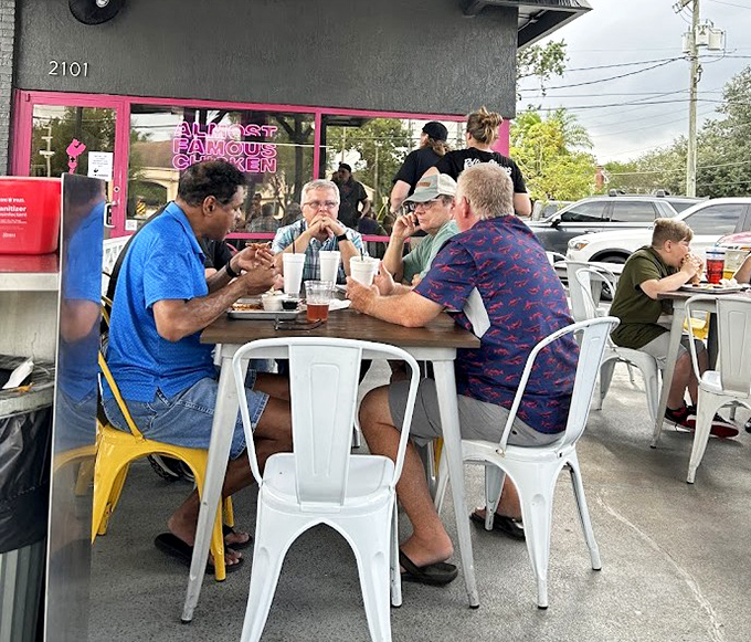 The outdoor dining area becomes an impromptu community gathering &ndash; strangers united by the universal language of "mmm" and "you've got to try this."