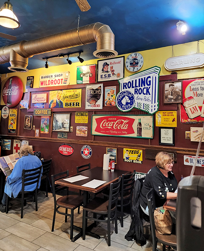The walls speak volumes of American advertising history while diners create their own stories over plates of comfort food.