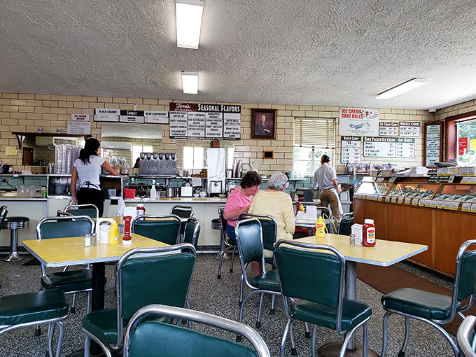 Where time stands still and calories don't count. The counter service view offers a front-row seat to ice cream artistry in action.