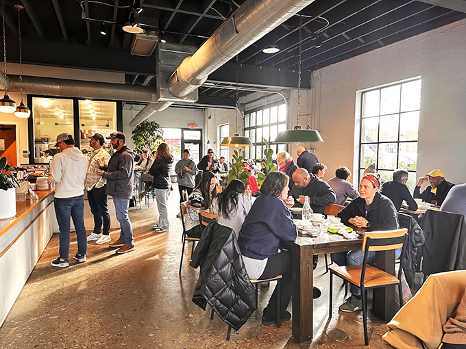 Weekend warriors line up for their fix. The bustling interior shows Columbus residents know a good thing when they taste it.