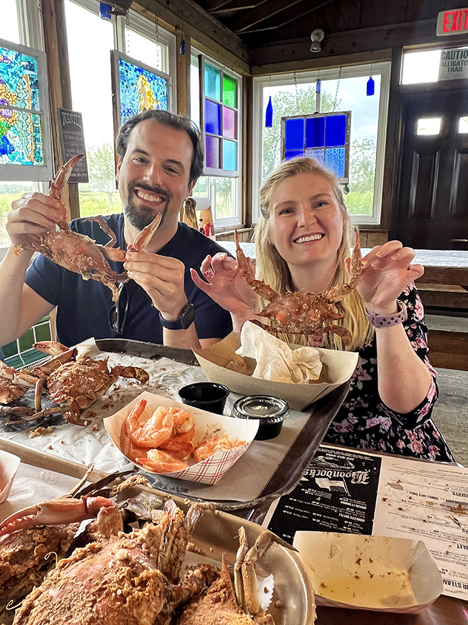 Happy diners showing off their crab haul like they've struck gold&mdash;and in Delaware seafood terms, they absolutely have.