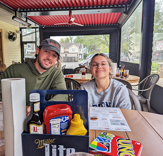 The covered patio at Bub's&mdash;where condiment caddies and conversation flow freely among burger enthusiasts.