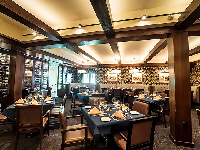 The dining room balances elegance with comfort, like if your fancy aunt married your fun uncle and decorated their dream home.