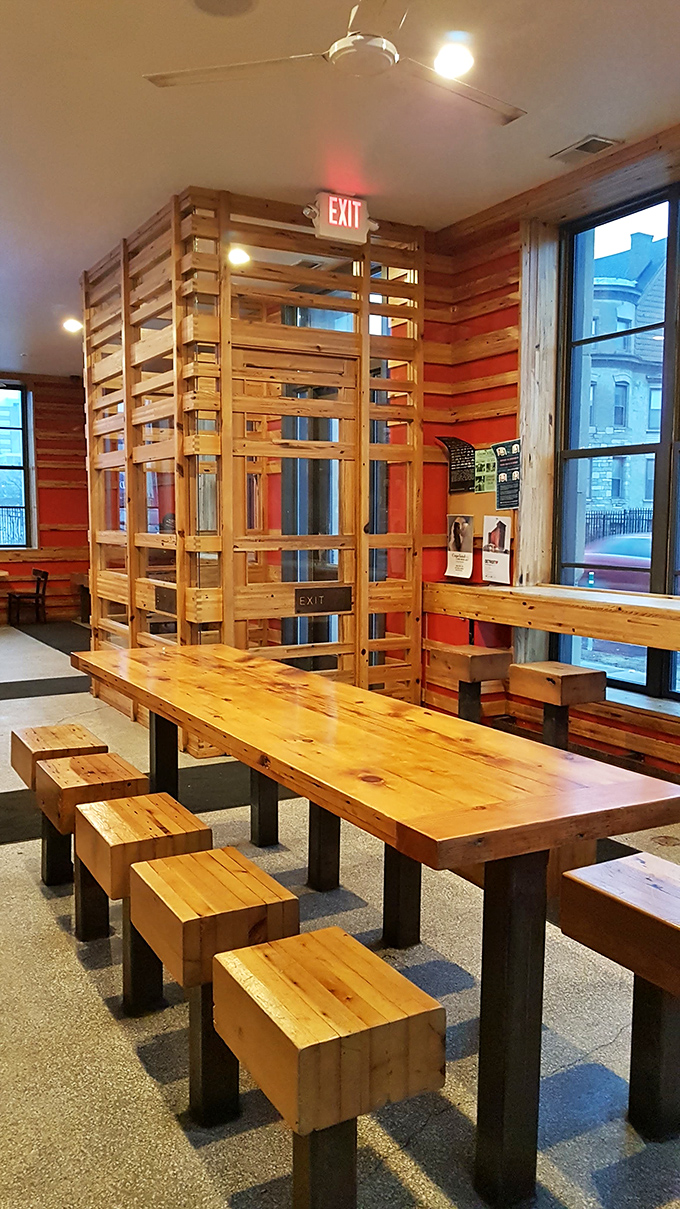 Communal dining at its most honest &ndash; these chunky wooden tables and stools say, "Sit down, make friends, get messy."