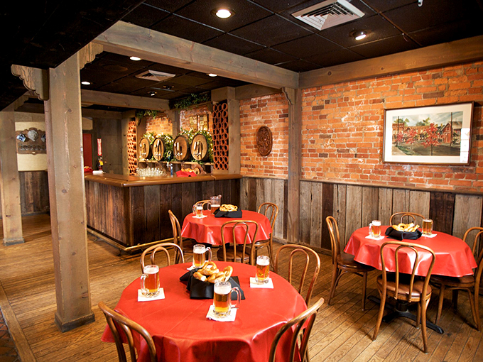 Red tablecloths and exposed brick create that perfect "gemütlichkeit"—that untranslatable German coziness that makes you want to linger.