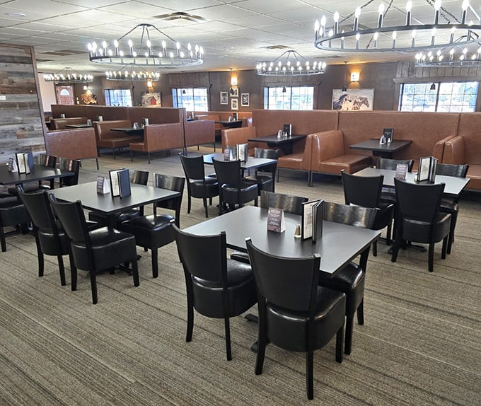 A dining room designed for both intimate date nights and boisterous family gatherings. Those leather booths have heard every kind of celebration imaginable.