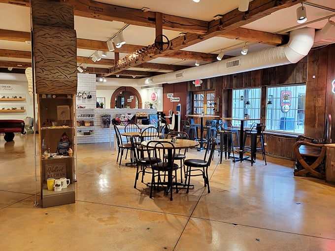 Wooden beams, stone walls, and bistro tables create a dining space where time slows down just enough to savor every spoonful.