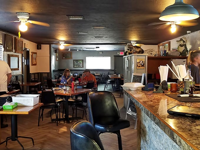 The warm wood tones and casual seating create that rare dining atmosphere where you instantly feel like you've been coming here for years.