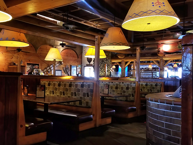 The dining area feels like the world's most comfortable hunting lodge, minus the taxidermy judging your food choices.