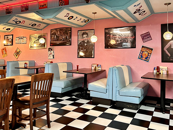 The booths aren't just seating—they're front-row tickets to the greatest show on earth: authentic American diner culture, complete with James Dean watching over you.