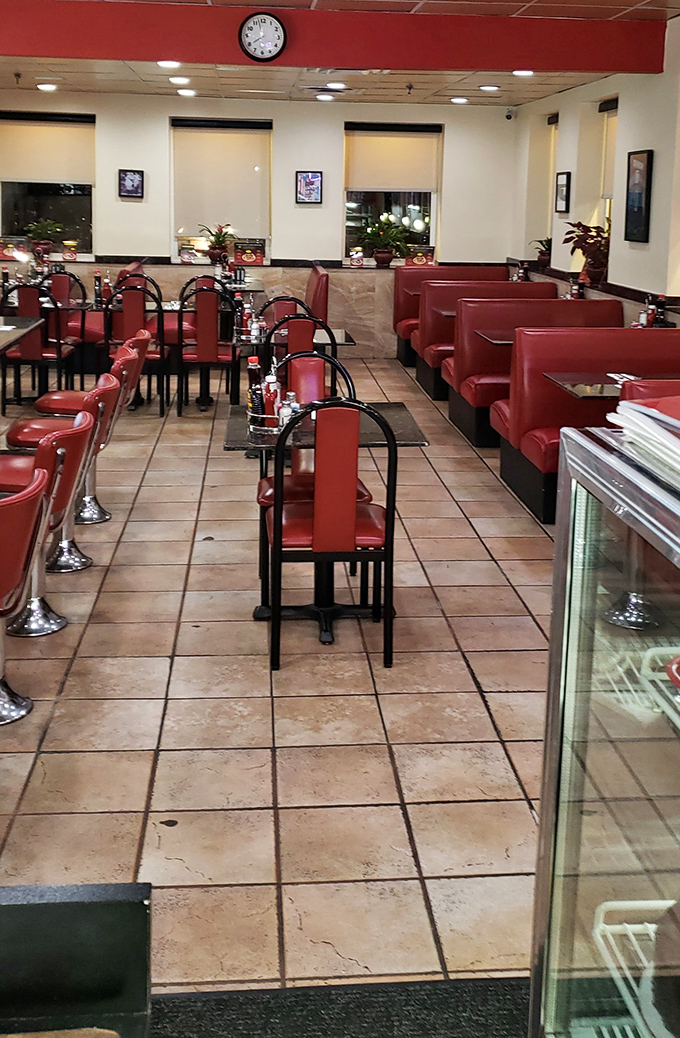 Empty tables waiting for the breakfast rush like actors before curtain call.
