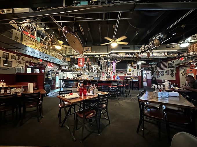 The dining area feels like a museum of Americana where you're encouraged to eat. Every ceiling fixture and wall decoration has earned its place in this BBQ sanctuary.