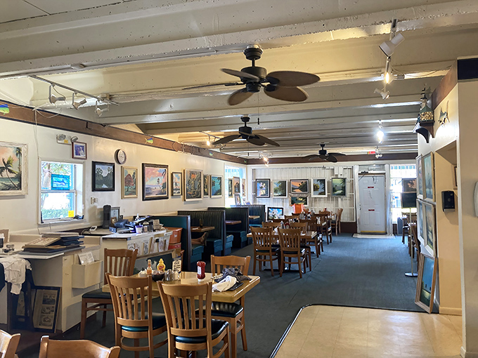 The dining room buzzes with conversation as locals and visitors unite over exceptional breakfast fare.