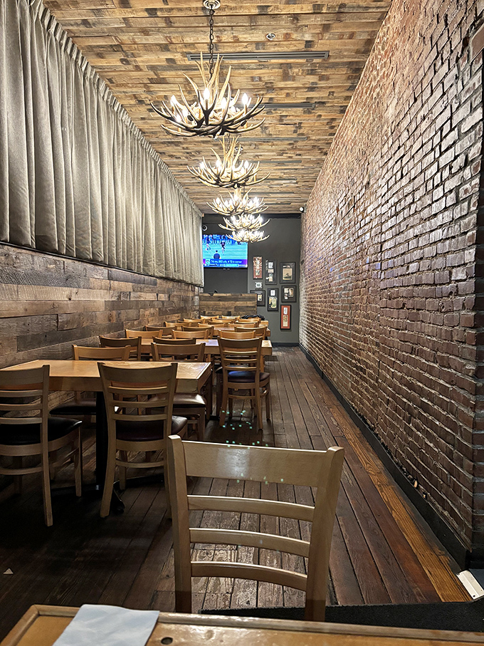 The dining area feels like the world's coziest hunting lodge, minus the hunting and plus the eating.