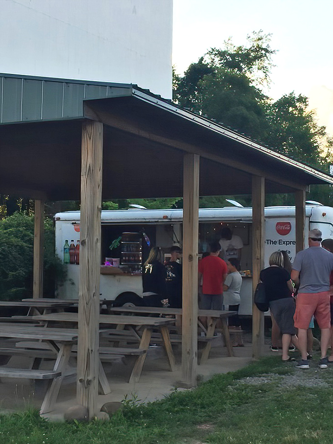 Picnic tables under a rustic pavilion&mdash;where strangers become temporary neighbors united by the universal language of movie snacks.