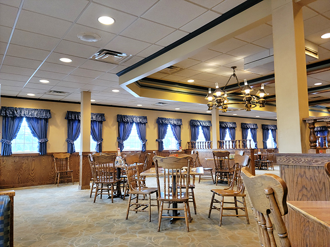 The dining room where breakfast dreams come true. Those wooden chairs have heard more Ohio stories than a barber shop.