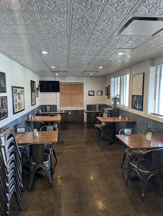 Where decorative tin ceilings meet modern comfort—like your grandma's house got a really nice makeover.