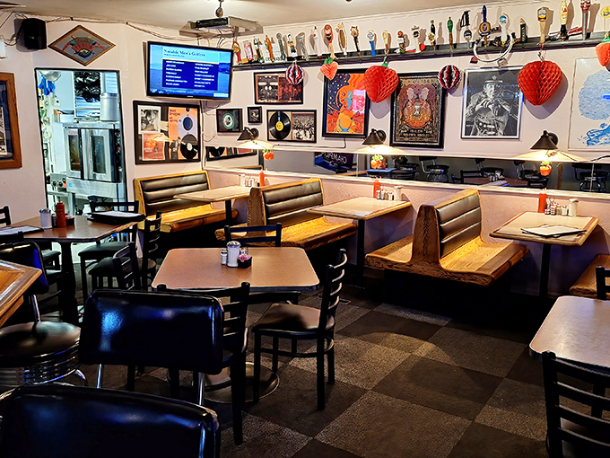 Wooden booths, beer taps, and memorabilia-lined walls create the perfect backdrop for breakfast decisions of monumental importance.