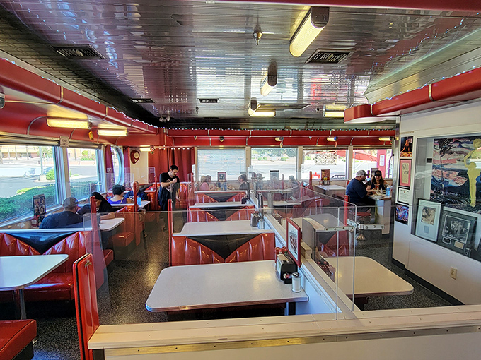Red vinyl booths, chrome accents, and pandemic-era dividers that couldn't diminish the classic diner charm of this beloved Chandler institution.