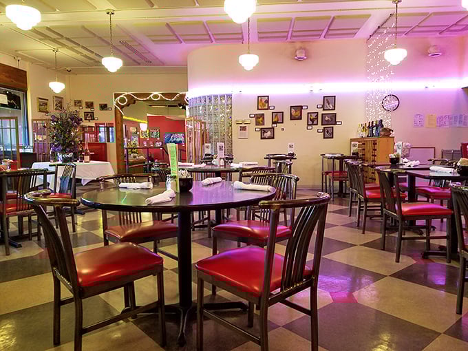 Yellow tile walls and classic counter stools create the perfect backdrop for morning conversations that range from Vikings disappointments to weather predictions.