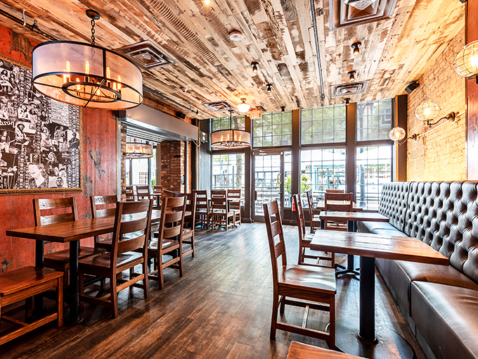 The dining room balances rustic charm with urban sophistication&mdash;like if a farmhouse and a loft apartment had a really beautiful baby.