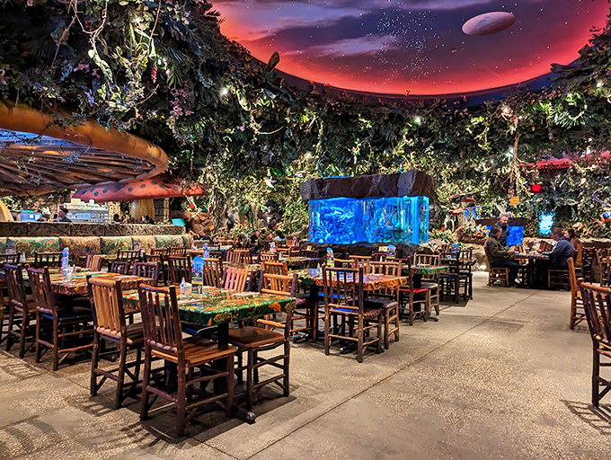 The dining room feels like a movie set where Jurassic Park meets Casablanca &ndash; mysterious, romantic, and with the distinct possibility of animatronic wildlife.