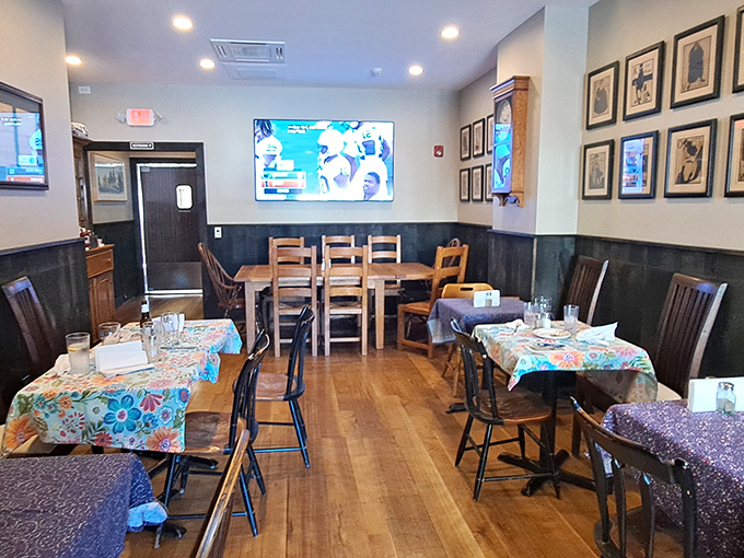 Cozy tables draped in cheerful tablecloths create the feeling you've somehow wandered into a beloved aunt's dining room.