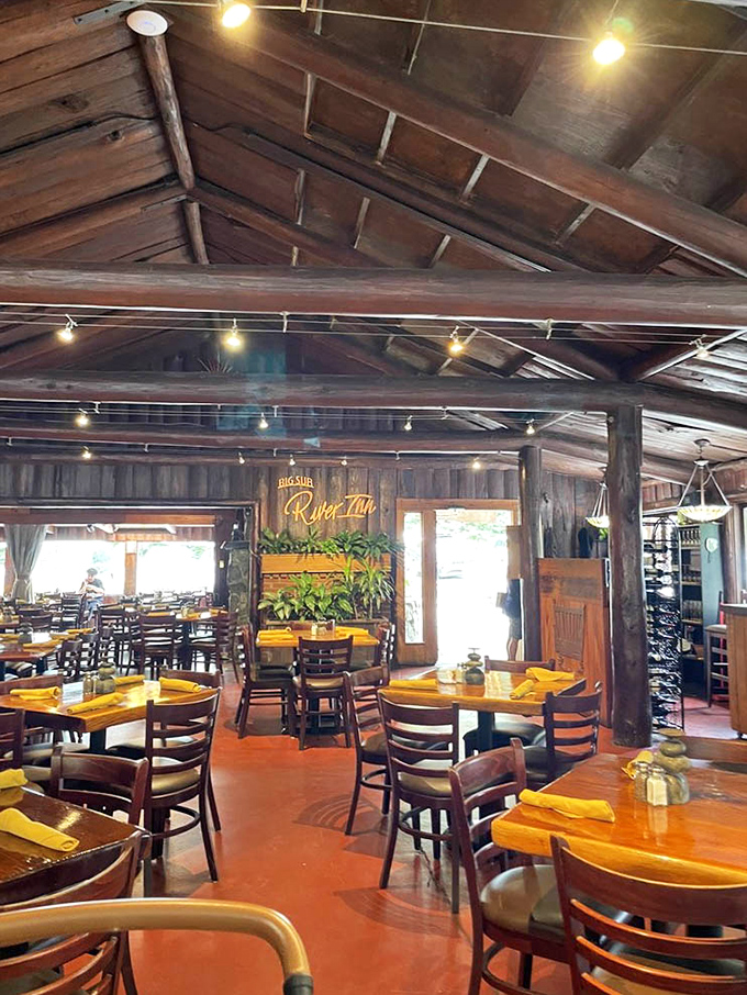 Exposed wooden beams and warm lighting create the quintessential Big Sur dining experience. Rustic luxury without a hint of pretension.