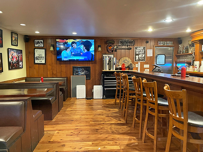 The dining area whispers stories of decades of hungry travelers, with wood-paneled walls that have absorbed countless conversations and laughter.