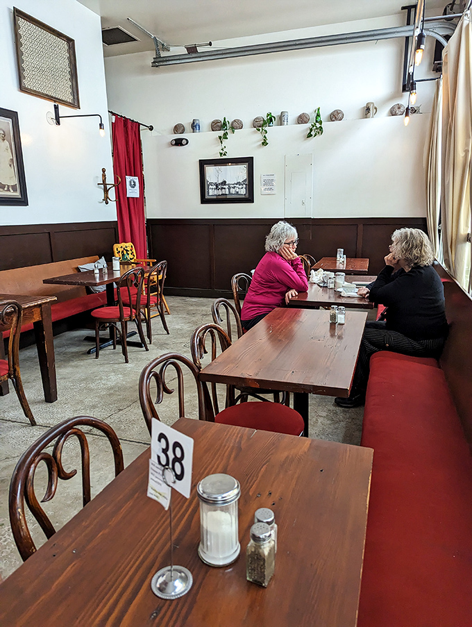 Red banquettes and wooden tables create the perfect backdrop for serious bagel contemplation sessions.